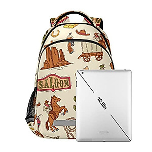 Coloful America Western Cowboy Backpack Laptop Bag Wildlife Lasso Cactus Gold Shoulder Bookbag Casual Travel Camping Daypack Safe Reflective Stripes Large Capacity