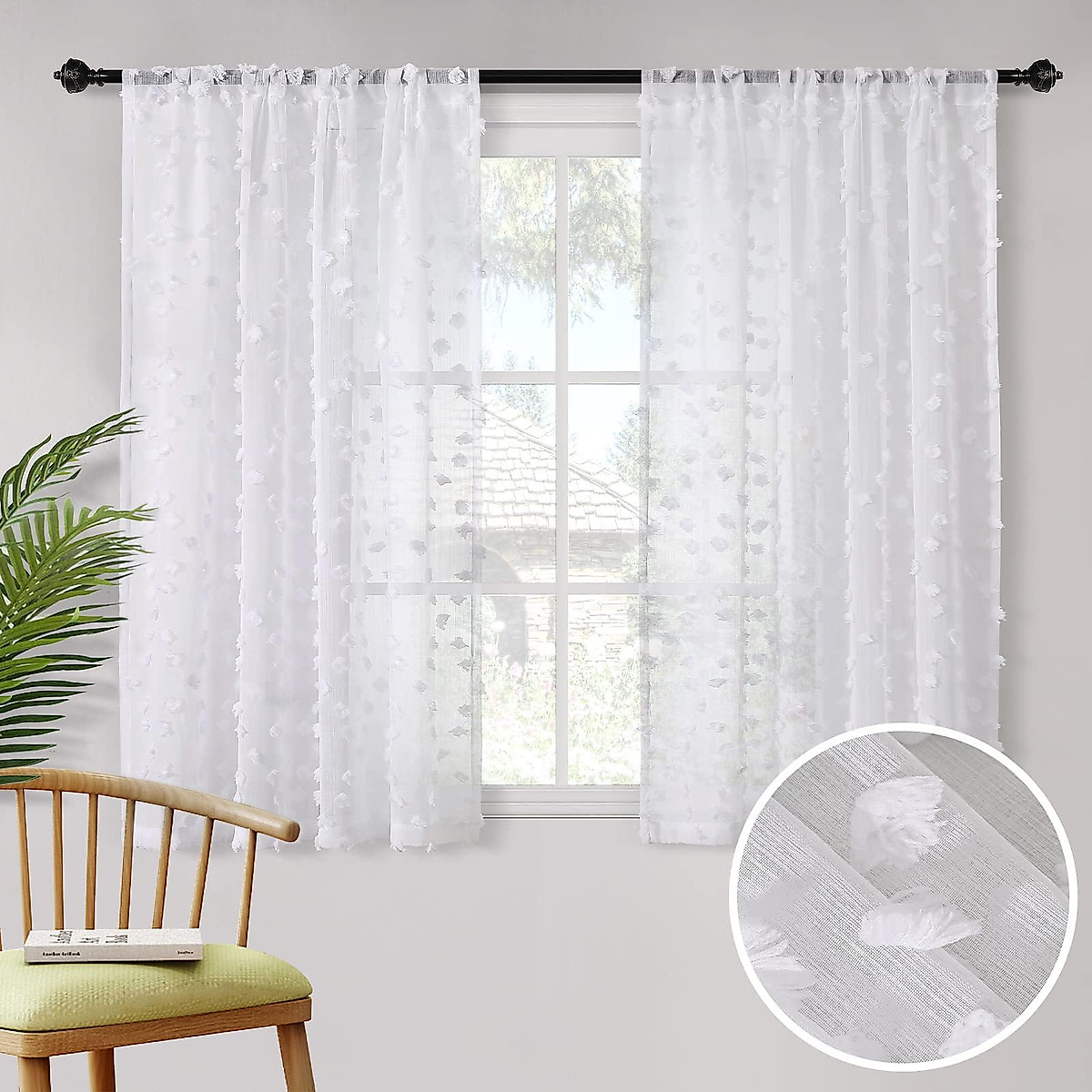 MYSKY HOME Pom Pom White Sheer Curtains for Bedroom Living Room Light Filtering Semi-Sheer Curtains for Nursery Girls Kids Room Rod Pocket Boho Voile Draperies White 52 x 63 inch 2 Panels