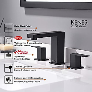 KENES Black Widespread Bathroom Faucet Matte Black 3 Hole Bathroom Sink Faucet 8-Inch, 2 Handle Bathroom Faucet Vanity Faucet with Lead-Free Supply Hose, KE-9050-2