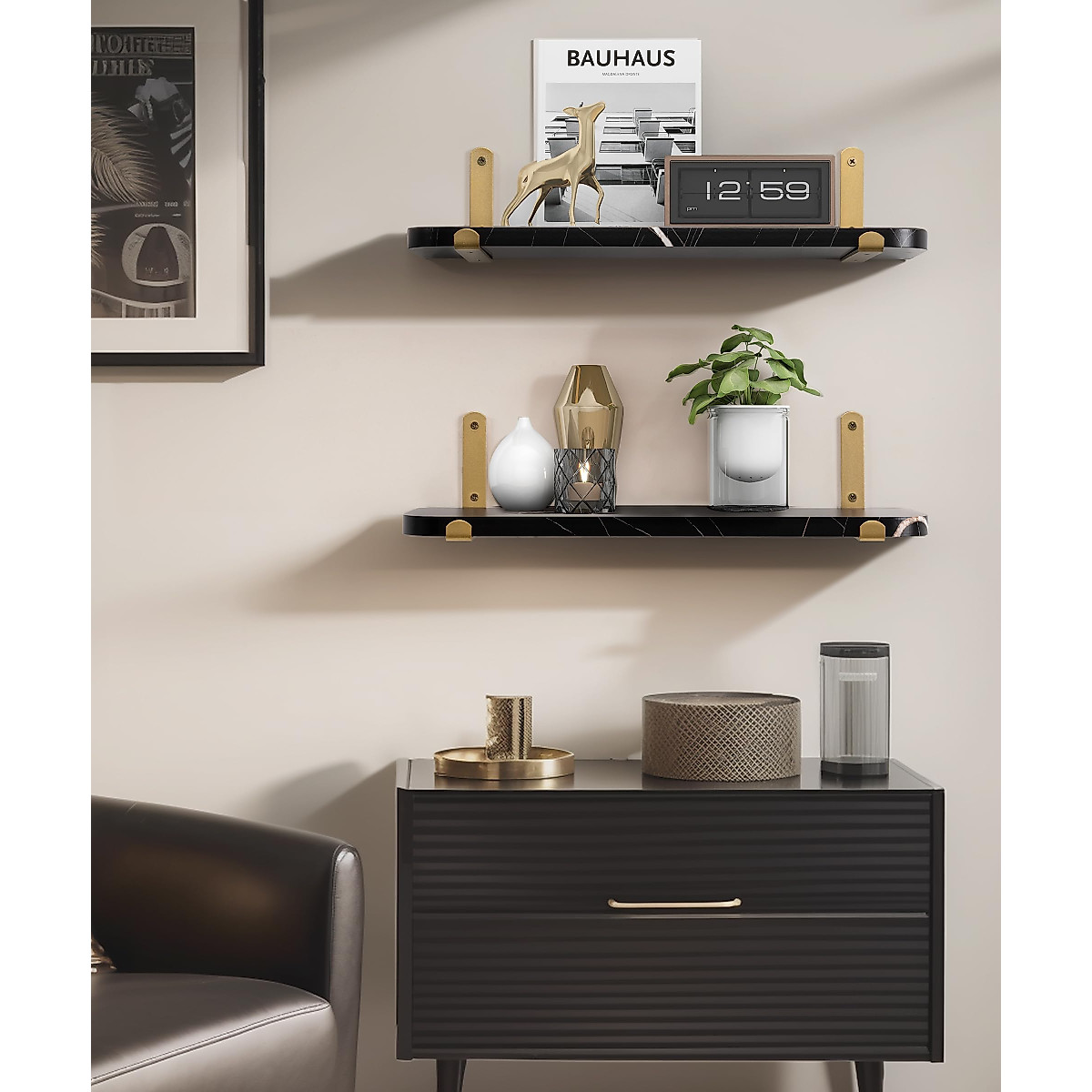 Afuly Black Floating Shelves for Wall, Gold Shelf for Home Decor, 16 inch Wall Mounted Shelves for Living Room Bedroom Bathroom, Modern Luxury Storage Display Marble Shelf