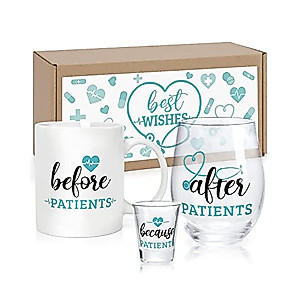 Before Patients After Patients Set Nurses Gifts 11 oz Coffee Mug 18 oz Stemless Wine Glass 2 oz Shot Glass, for Doctors Hygienists Dentist Physician Graduation Birthday Christmas Gift Idea