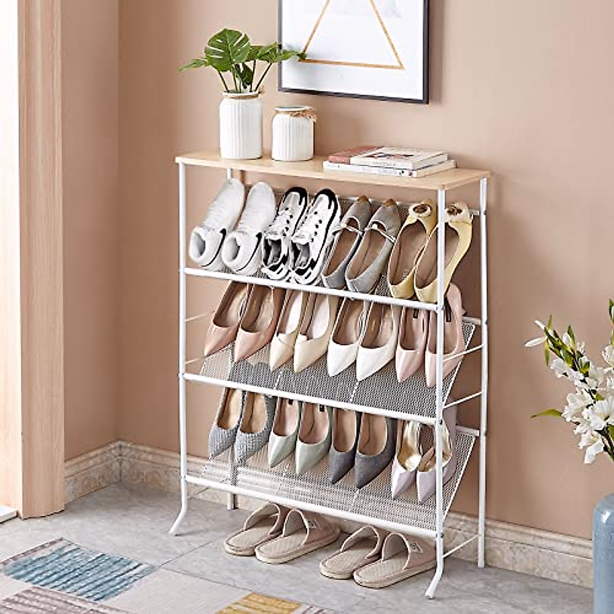Nevfiro 4-Tier Shoe Rack Storage Organizer, Narrow Shoe Rack Shelves with 3 Metal Mesh for Bedroom Closet, Entryway, Hallway, Wire Grid, Shoe Shelf with Wood Top Board, 10-12 Pairs