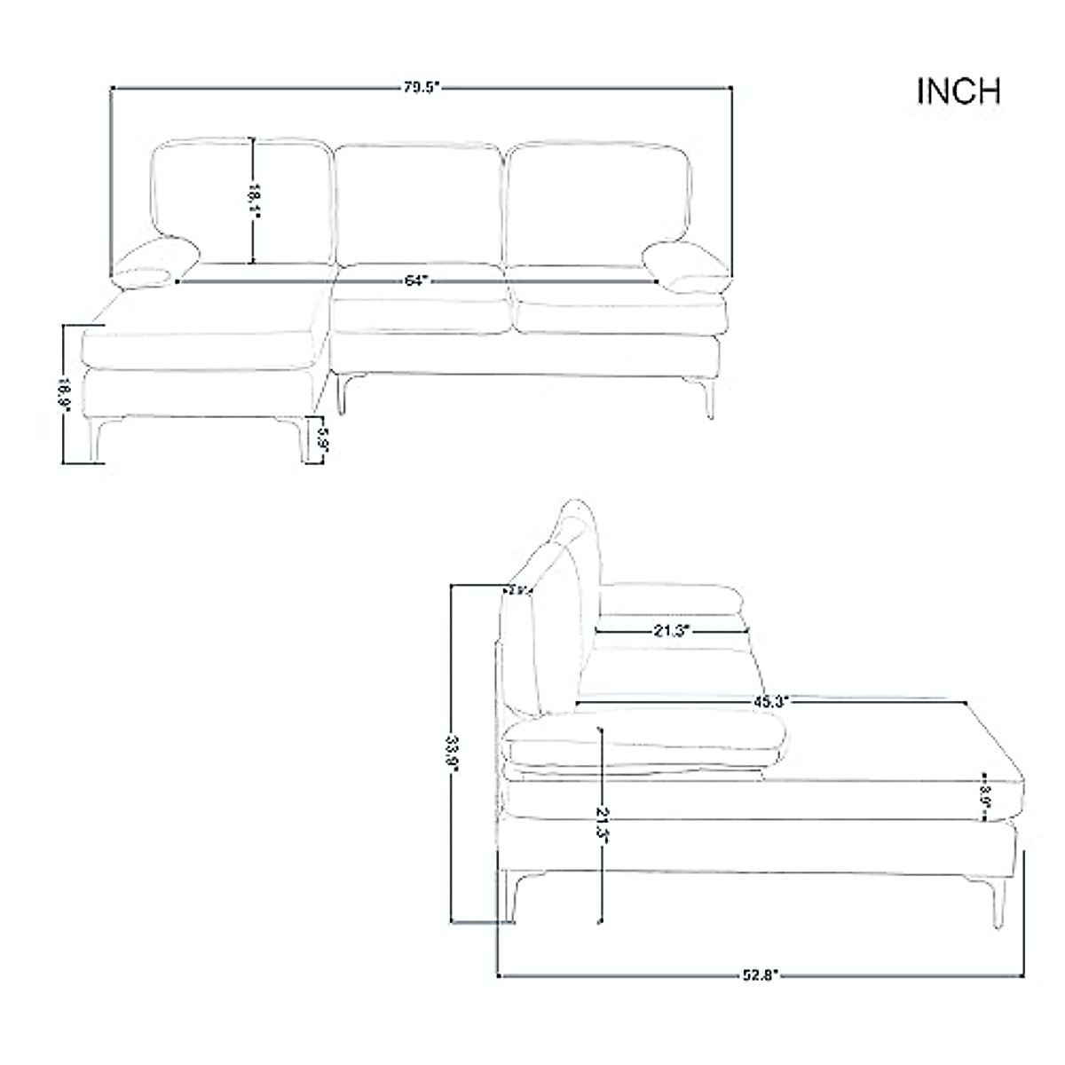 Goohome 79.5'' Linen L-Shaped Left-Hand Facing Sectional Sofa Metal Legs and 2 Detachable Armrest Pillows, Modern 3-Seater Fabric Couches for Living Room Apartment Small Space, A-Dark Blue