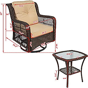 On Shine 3 Piece Patio Furniture Wicker Rattan Rocker Bistro Furniture Set Out Door Furniture Set,Rocking Chair Set with Glass Coffee Table and Comfortable Cotton Cushions (Brown)