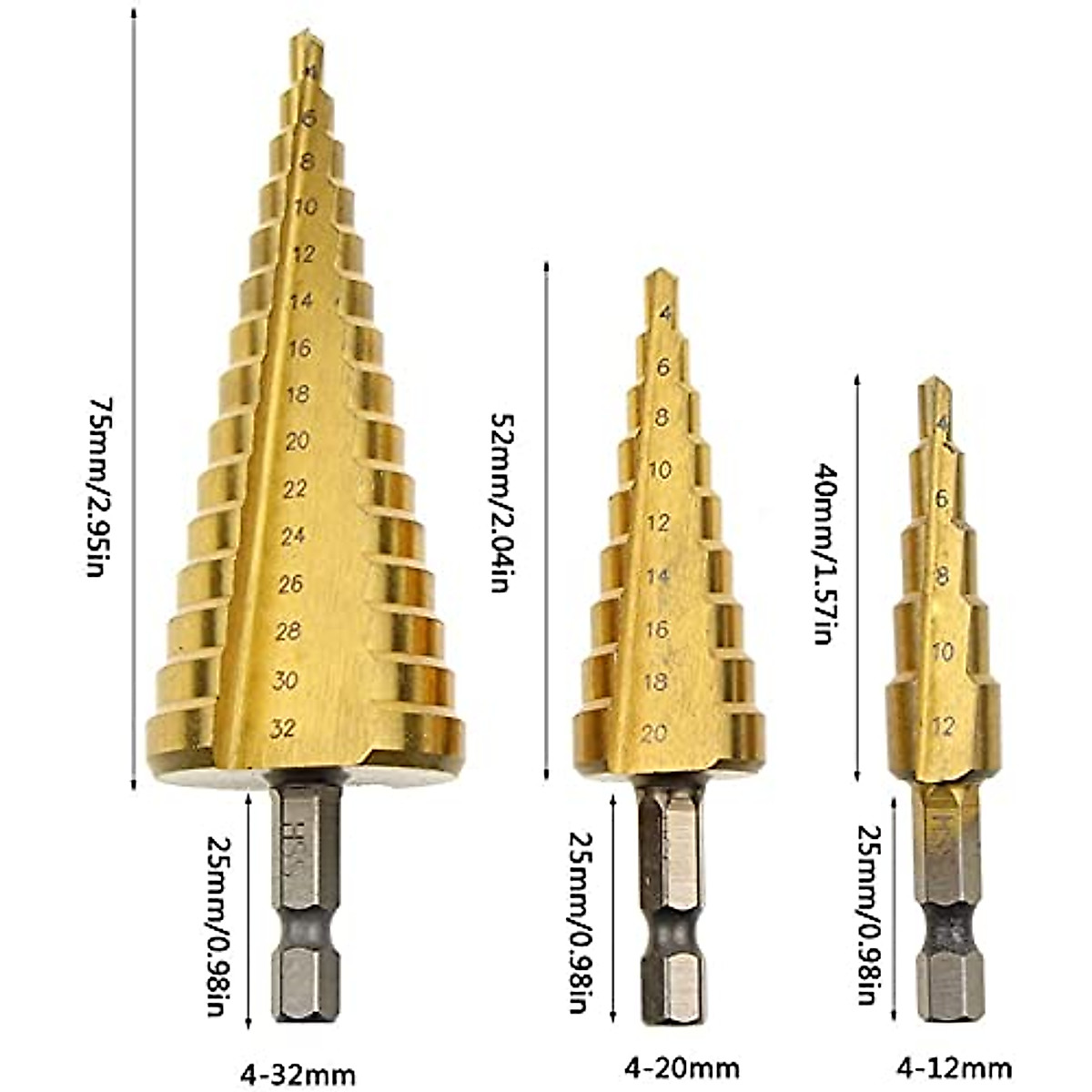 Chargenyang 3 Pcs Straight Grooved Step Drill Bit Set, High Step Steel Titanium Drill Bits Set Power Tools 4-12/4-20/4-32mm Hex Shank Drive, HSS Cut Tool Set for Metal Wood Steel DIY Plastic