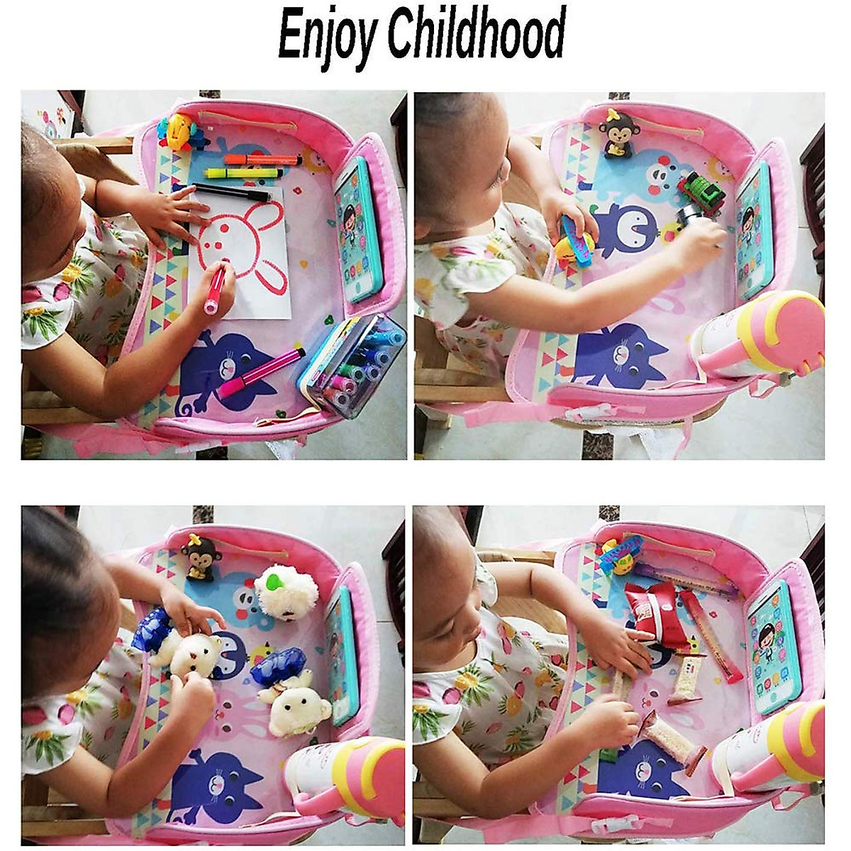 Kids Travel Tray for Toddler Car Seat, Toddler Car Seat Tray Organizer with Sturdy Play Table and Phone Holder, Road Design Enables Snack Play, Pink