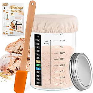 NEOBELLA Sourdough Starter Jar Kit, Sourdough Starter Jar with Thermometer, Scraper, Cloth Cover and Lid. Reusable Sourdough Jar Kit Use for Home Bakery