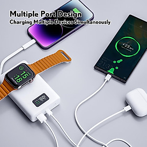 pzoz 20000mAh Portable Power Bank Powerbank Battery Pack with Apple Watch Magnetic Wireless Charger,USB Type C PD Fast Charging in Cable Travel High Capacity Compatible iWatch iPhone 15 Phone (White)