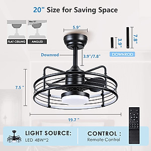 Mpayel Caged Ceiling Fan - Black Modern Ceiling Fans with Remote, Reversible and Dimmable, Low Profile Flush Mount Ceiling Fan with 6-Speed, Bladeless Enclosed Led Fan Light for Bedroom, Kitchen