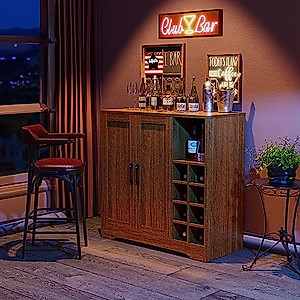 FROMJBEST Wine Bar Cabinet, Coffee Bar Cabinet with 2 Door and Shelf, Glass Holder, Accent Storage Cabinet, Buffet Sideboard for Dining Room, Kitchen (Brown)