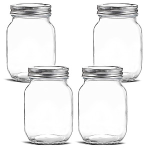 Glass Regular Mouth Mason Jars, 16 oz Clear Glass Jars with Silver Metal Lids for Sealing, Canning Jars for Food Storage, Overnight Oats, Dry Food, Snacks, Candies, DIY Projects (4 PACK)