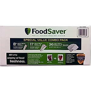 FoodSaver B005SIQKR6 Special Value Vacuum Seal Combo Pack 1-8" 4-11" Rolls 36 Pre-Cut Bags, 1Pack, Clear