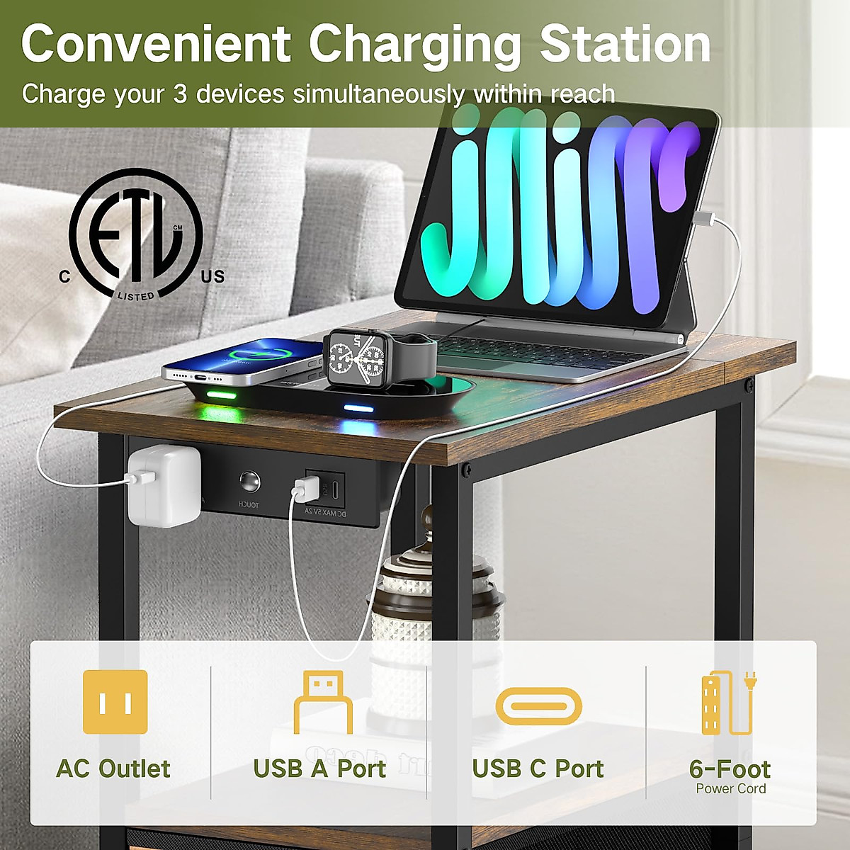 OUTONLIFE Side Table with LED Dimmable Light & Charging Station, Nightstand with 2 Fabric Drawers, 2 USB Ports & AC Outlet, Narrow End Table with Storage for Bedroom, Living Room, Office, Small Space
