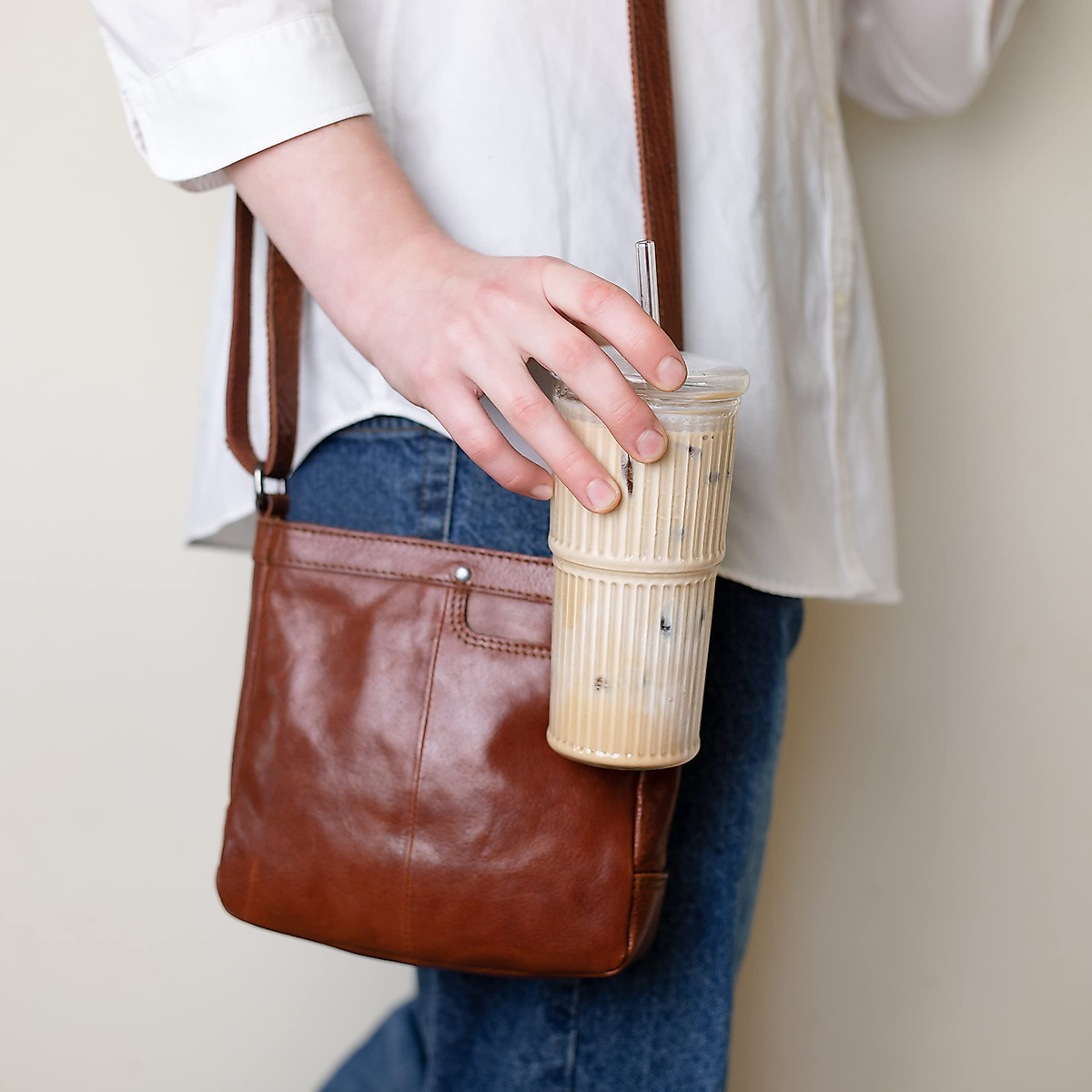 Birchland All Glass Iced Coffee Cup with Lid and Straw, Ribbed Glass Tumbler Set of 2 (18 oz)