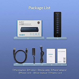 ORICO Powered USB Hub, 10 Ports 36W USB 3.0 Data Hub with 12V/3A Power Adapter for Computer, PC, Laptop, Mobile HDD, Flash Drive and More