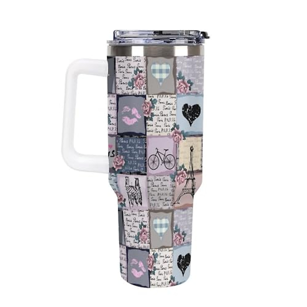 Niapessel Leak Proof Tumbler, Insulated Water Bottles with Straw, Retro Paris Art Insulated Cup with Handle 40 Oz Stainless Steel Flask for School, Travel, Car, Sports, Work