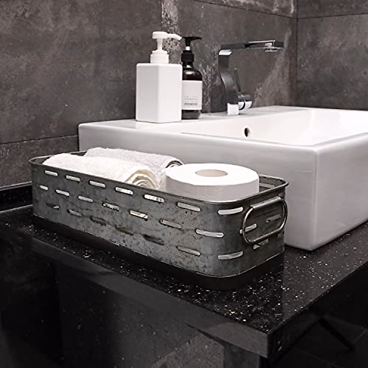 MyGift Rustic Galvanized Metal Bathroom Accessories Storage Basket with Handles and Cut Out Perforated Design, Countertop Toiletries Holder Tray, Vanity Dresser Organizer Bin Caddy