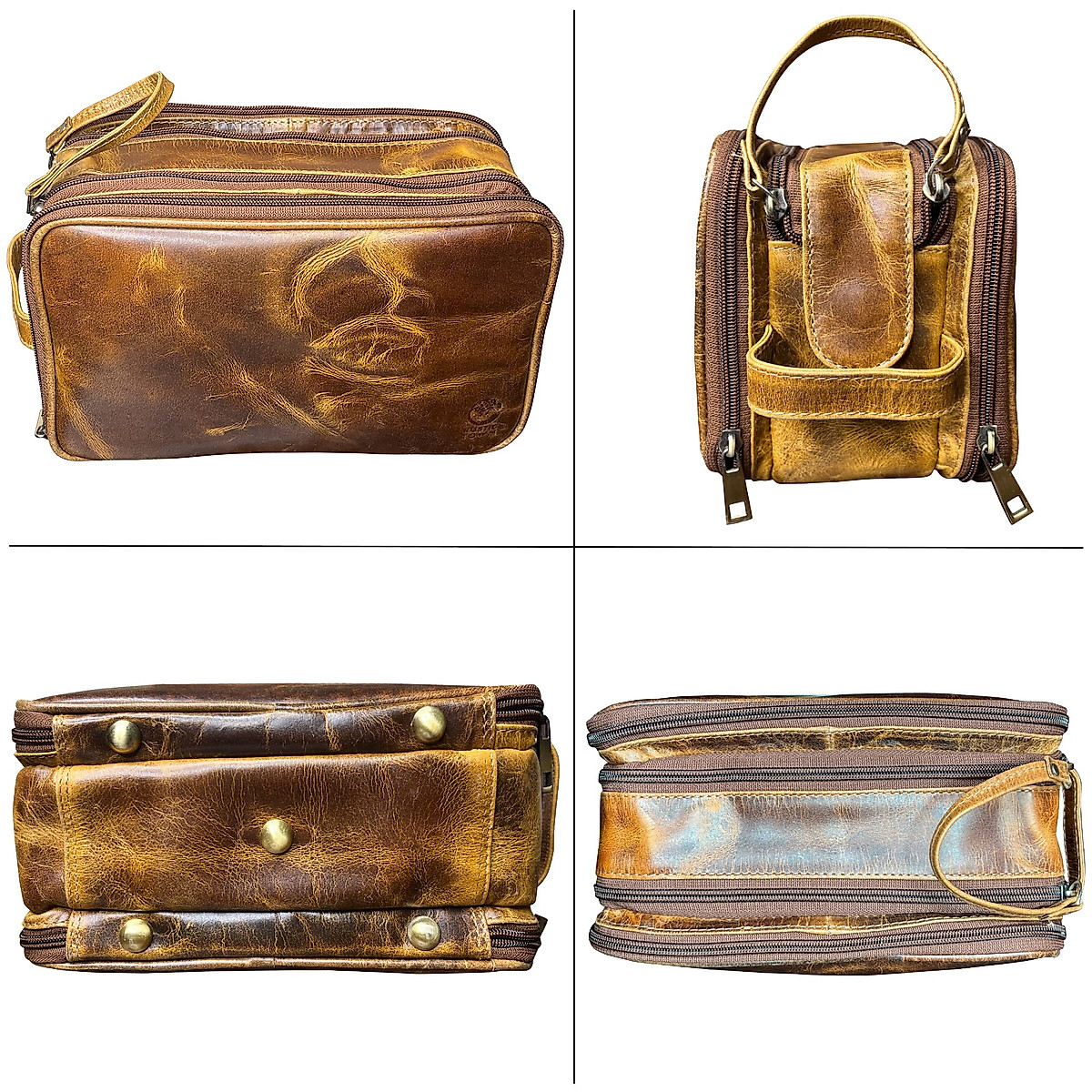 RUSTIC TOWN Leather Toiletry Bag - Men Shaving Dopp Kit - Women Cosmetic Bag Makeup Organizer for Travel Size Toiletries