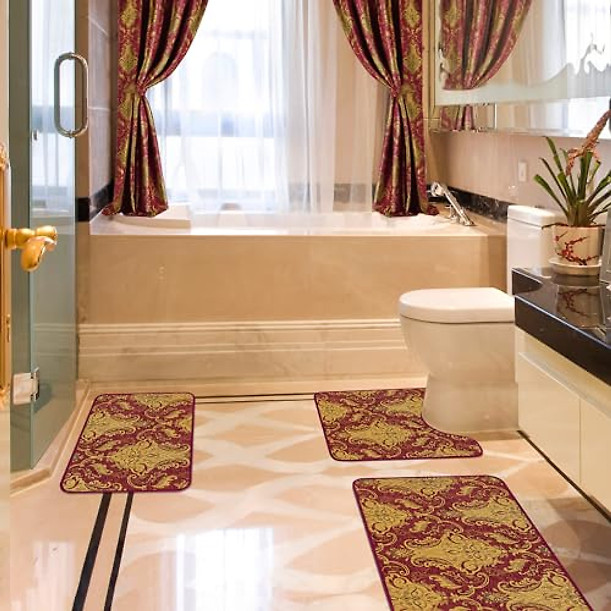 Loom and Mill Luxury Bathroom Rugs Set 3 Pieces, Absorbent & Non-Slip Chenille Memory Foam Bath Rug Set with U Shaped Toilet Mat, Soft Washable Bath Mats for Bathroom Floor,Tub and Shower(Red)