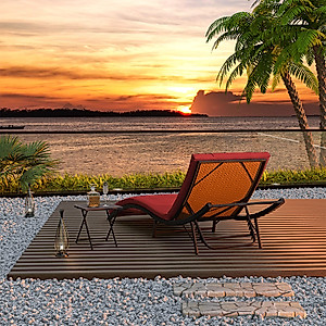 RTDTD 3 Pieces Patio Chaise Lounge Set Outdoor PE Rattan Lounge Chair Adjustable Backrest Reclining Chair with Folding Table and Cushion for Patio Poolside Backyard Porch Beach(Red)