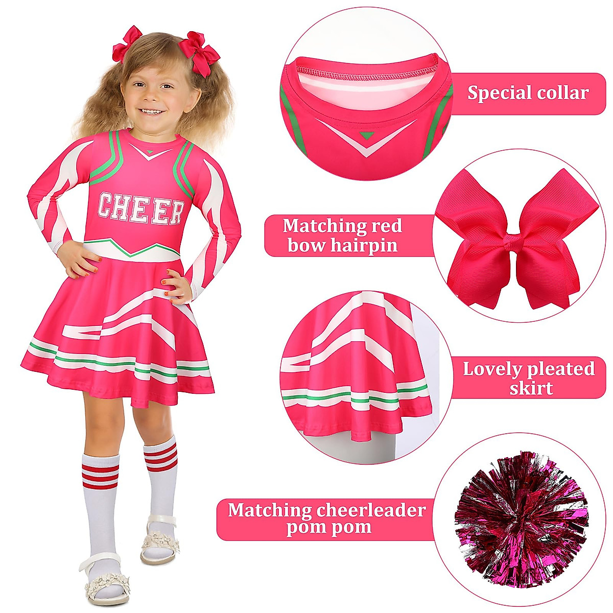 Tisancy 6 Pcs Halloween Cheerleader Costume for Girls Set Toddler Cheerleader Outfit with Pom Poms, Hair Bows and Socks (Classic Style,Large)