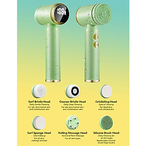 6 in 1 Face Brushes for Cleansing and Exfoliating,Spin Facial Cleansing Brush with LED Display,Electric Face Cleansing Brush,Rechargeable Facial Cleansing Brush with 6 Heads BSROLUNA(Fruit Green)