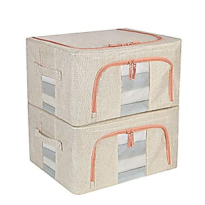 TOUCH-RICH Storage Bins Foldable with Window & Carry Handles Linen Fabric Collapsible Storage Boxes Organizer Set Stackable Containers for Home Bedroom Office Closet Nursery (Beige)