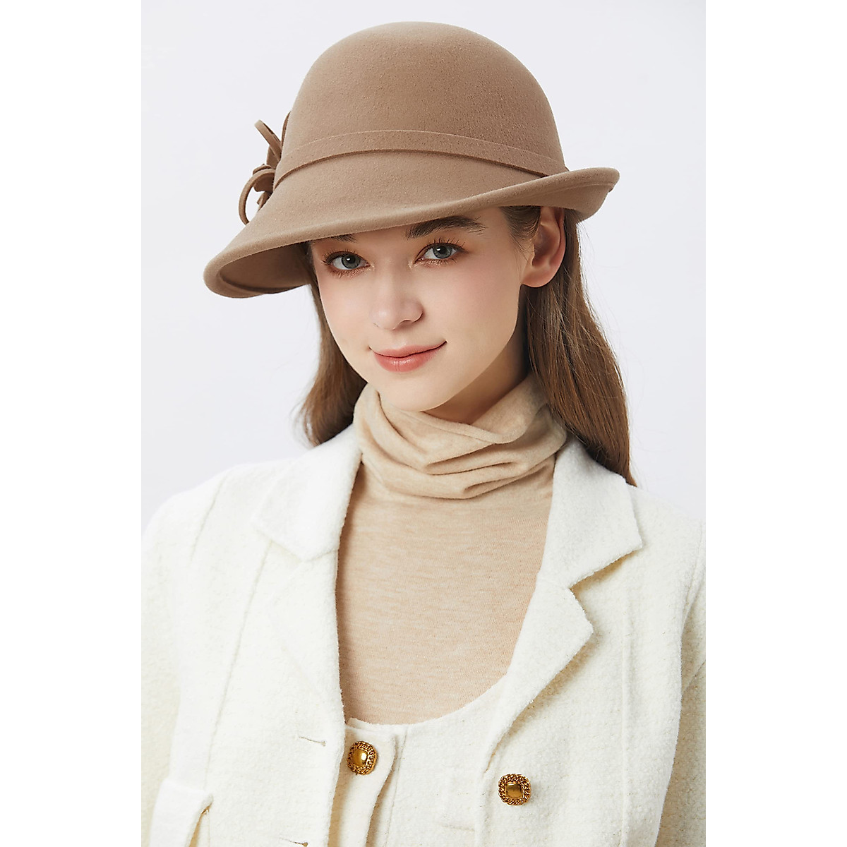 BABEYOND Womens 1920s Bucket Hat Winter Wool Crushable Bowler Hat Vintage Cloche Round Hat with Floral Accent (Camel)