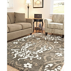 SAFAVIEH Florida Shag Collection Area Rug - 5'3" x 7'6", Smoke & Beige, Floral Design, Non-Shedding & Easy Care, 1.2-inch Thick Ideal for High Traffic Areas in Living Room, Bedroom (SG457-7913)