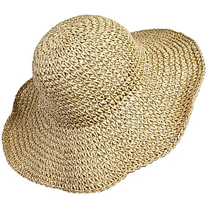 Women Straw Hat Wide Brim Beach Sun Cap Foldable Large Lady Floppy 100% Natural Paper Braided for Travel Decoration Summer Vacation Soft Lightweight and Breathable (Beige)