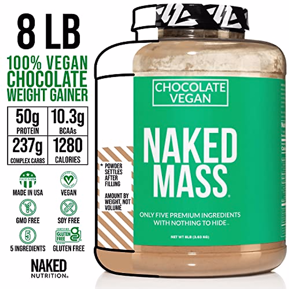 Naked Mass - Chocolate Vegan Weight Gainer - 8lb Bulk, GMO Free, Gluten Free, Soy Free & Dairy Free. No Artificial Ingredients – 1,280 Calories – 11 Servings