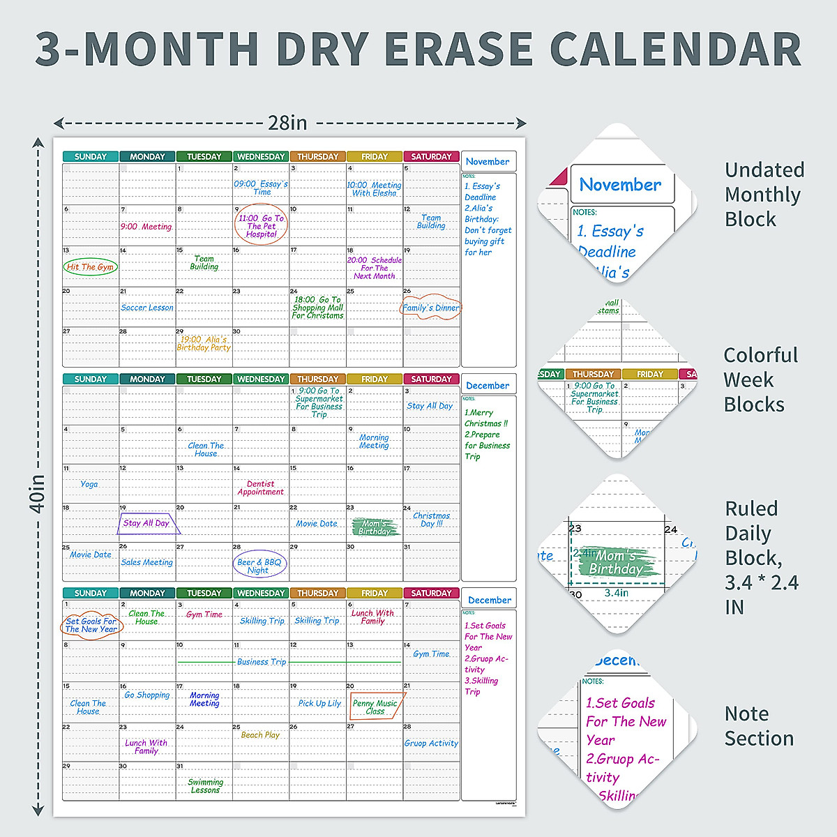 Dry Erase Calendar for Wall - 3 Month Vertical Wall Calendar, 28" x 40", Reusable Monthly Quarterly Calendar Planner Undated, Erasable Laminated Calendar Whiteboard, Vertical Layout Wall Calendar for