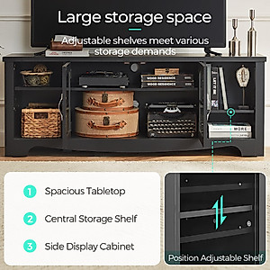 LINSY HOME Farmhouse TV Stand for 65 Inch TV, Wood Entertainment Center with Glass Door Storage Cabinet & Adjustable Shelves, Sturdy TV Console Table for Living Room Bedroom, Black