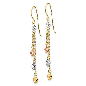14K Tri Color Gold Triple Heart Love Drop Dangle Earrings