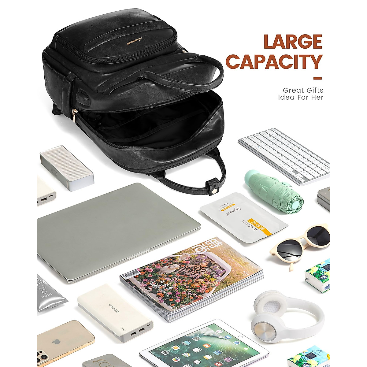 LOVEVOOK Leather Backpack for Women 15.6 Inch, Vintage Laptop Backpack with USB, Spacious Work Backpack Fits Business Office Travel College Black