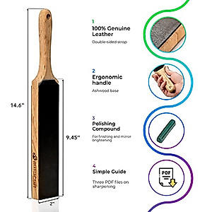 BeaverCraft LS6P1 Leather Strop Kit with Sharpening Polishing Compound 14" x 2" Knife Stropping Block & Honing Compound Knife Sharpener Leather Strop for Knife Sharpening Kit Stropping Leather