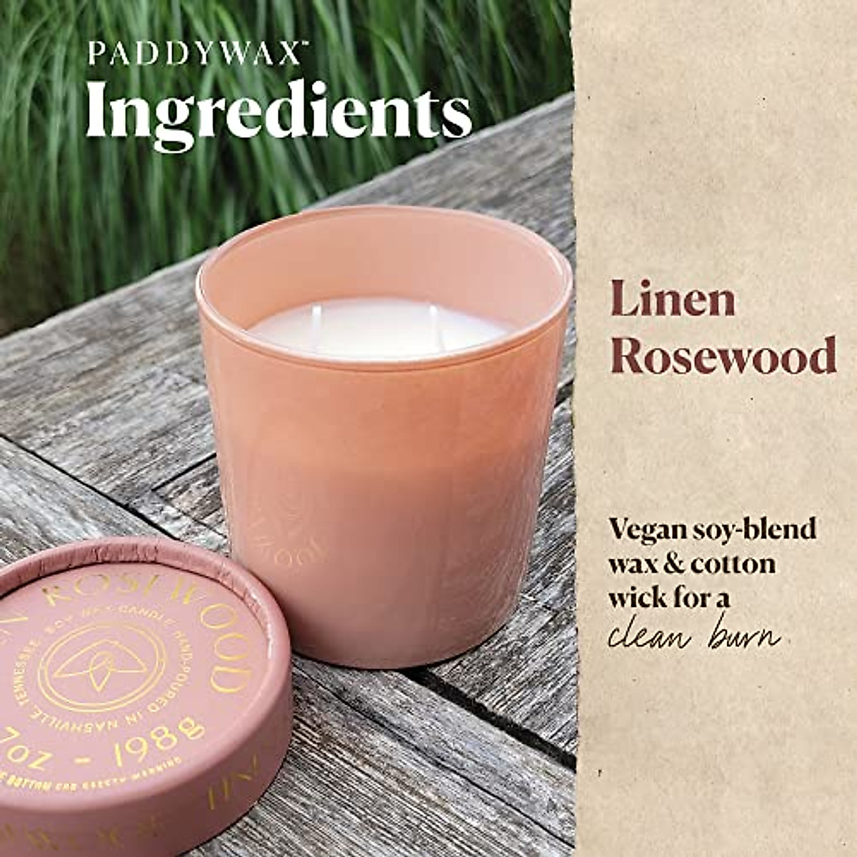 Paddywax Firefly Candle Co. Optimist Scented Candles with Soy Wax Blend and Reusable Glass Jar for Home Fragrance and Aromatherapy - 7 Ounce, Linen Rosewood, Dusty Pink