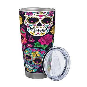 AYCZN Flower Mexico Skull 20 OZ Tumbler Stainless Steel Travel Coffee Mug, Floral Skeleton Insulated Water Bottle with Lid and Straws Leakproof Thermal Cup