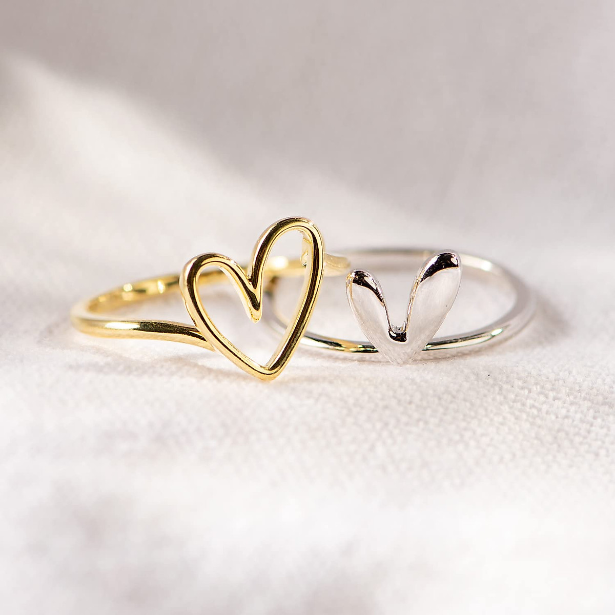 Story Jewellery Gold Silver Plated Sterling Silver Heart Layered Ring Set for Women, Dainty Self Love Layered Heart Stackable Rings for Women, Gemstone, No Gemstone