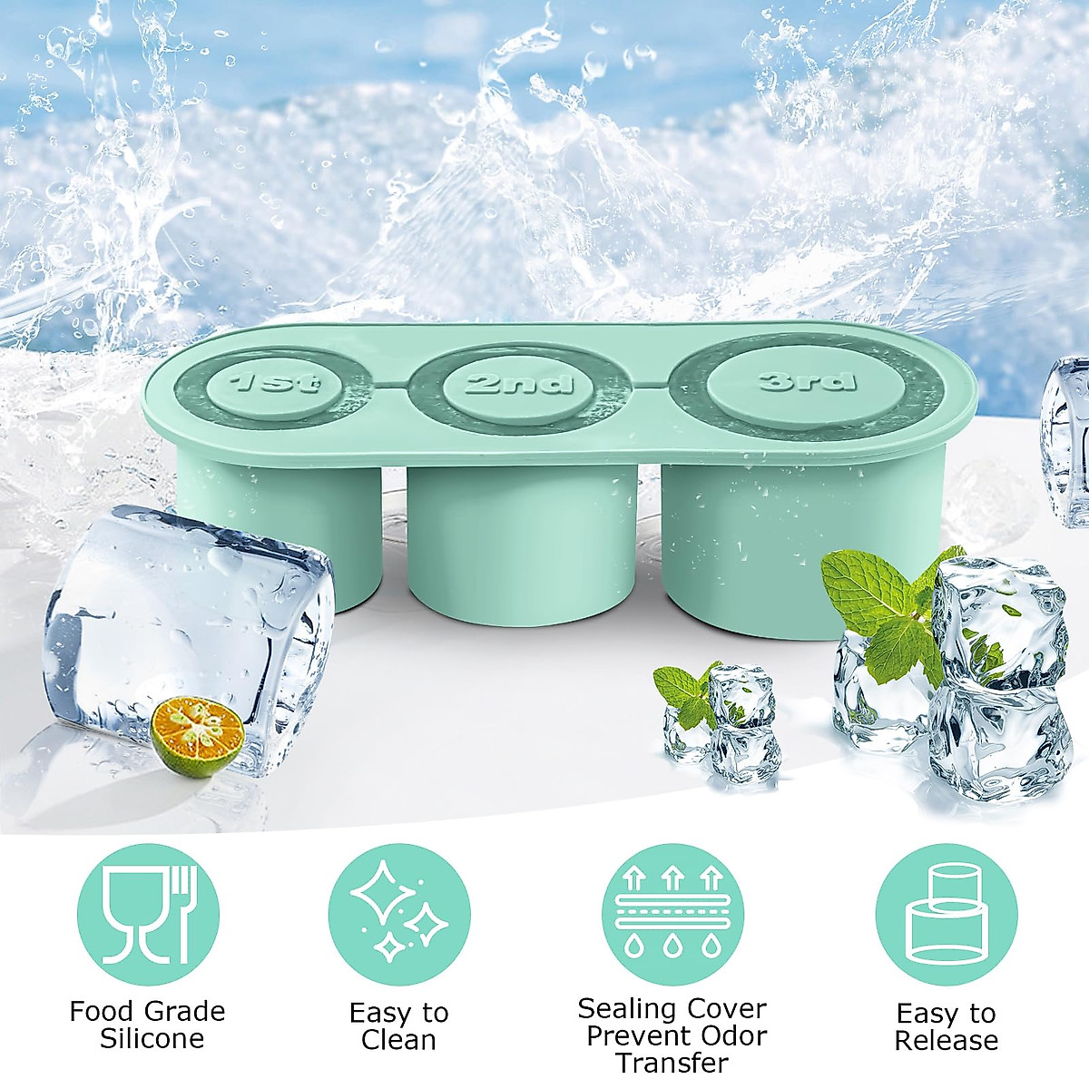 MooManGoo Ice Mold for Stanley Cup, Silicone Ice Cube Tray with Lid and Bin for 40 oz Tumbler Cup, Cylinder Ice Maker for Drinks, Coffee and Cocktails, Whiskey, Easy to Release (Green)