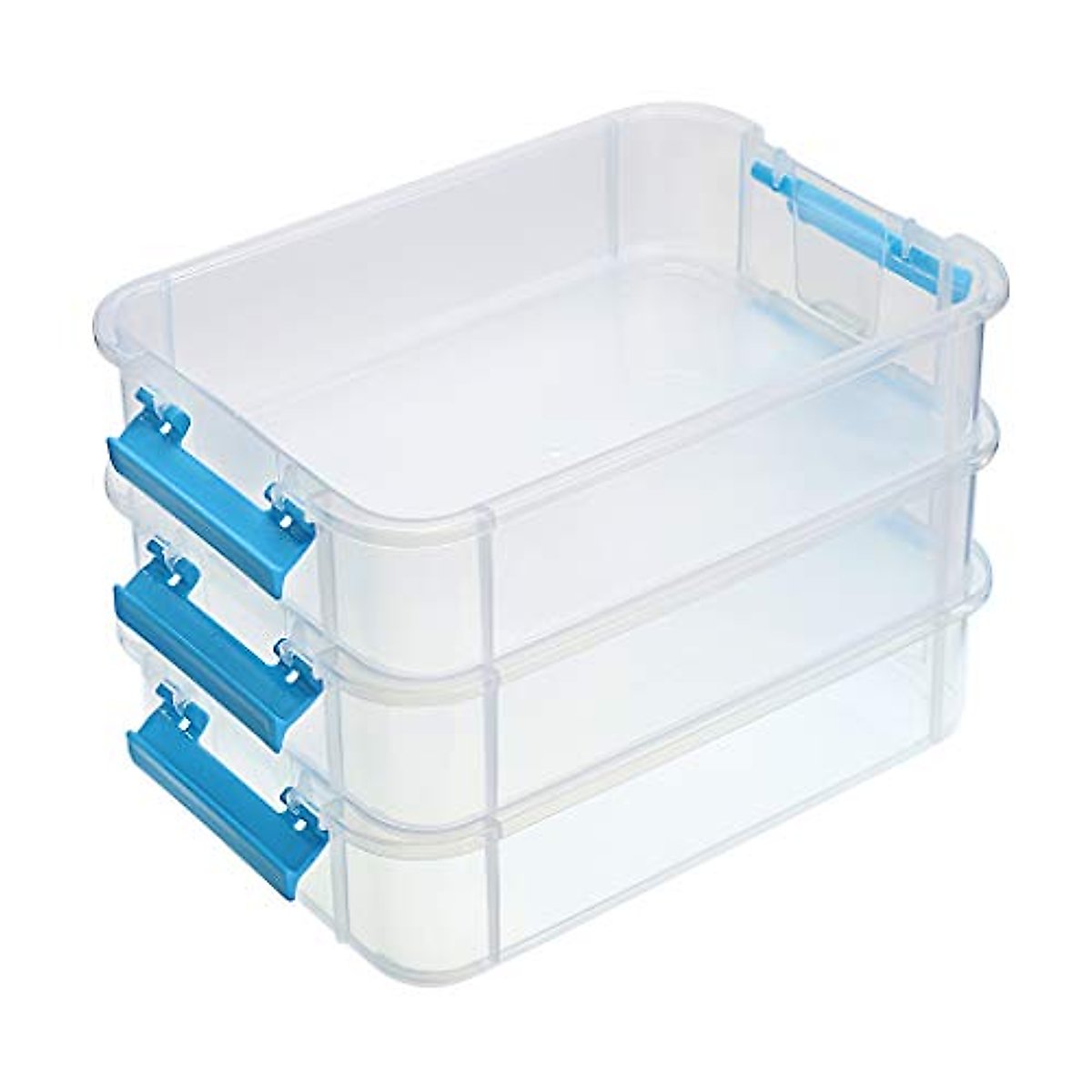 JUXYES 3-Tiers Stack Carry Storage Box With Divided Tray, Transparent Stackable Storage Bin With Handle Lid Latching Storage Container for School & Office Supplies (Blue)