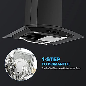 30 Inch Island Range Hood, thermomate 350 CFM Black Stainless Steel Stove Vent Hood with 4 LED Lights, 3 Speed Exhaust Fan with Touch Control, Ducted/Ductless Convertible, ETL Certified