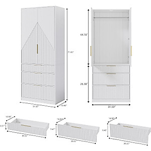 Armoire Wardrobe Closet with 2 Wave Doors & 3 Drawers , 71.7” Bedroom Freestanding Armoire Storage Cabinet, Wooden Wardrobe Combination for Hanging Clothes, Bedroom Clothing Storage Cabinet White