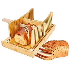 Bamboo Bread Slicer For Homemade Bread With Crumb Tray Bread Cutting Guide Bread Loaves Cutting Board With Magnetic Breads Knife Holder Adjustable Thickness Foldable Bread Cutter