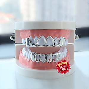 Gold Grillz Teeth Set Best gift for Son-New Custom Fit 14k Plated Silver Gold Grillz - Excellent Cut for All Types of Teeth–Open face grills caps Top and Bottom Grill Set - Hip Hop Bling Grillz