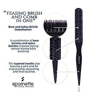 Spornette Teasing Brush & Comb Set - Includes Little Wonder Boar & Tourmaline Nylon Bristle Teasing Brush #111 & Triple Teasing Comb #TC-1, for Back Brushing, Combing, Creating Volume, Slicking Hair