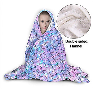 321DESIGN Mermaid Fish Scale Wearable Blanket Fleece Hooded Robe Cloak Throw Quilt Poncho Microfiber Sherpa Plush Warm Wrap Multiple-Size Child(50"x40"in)