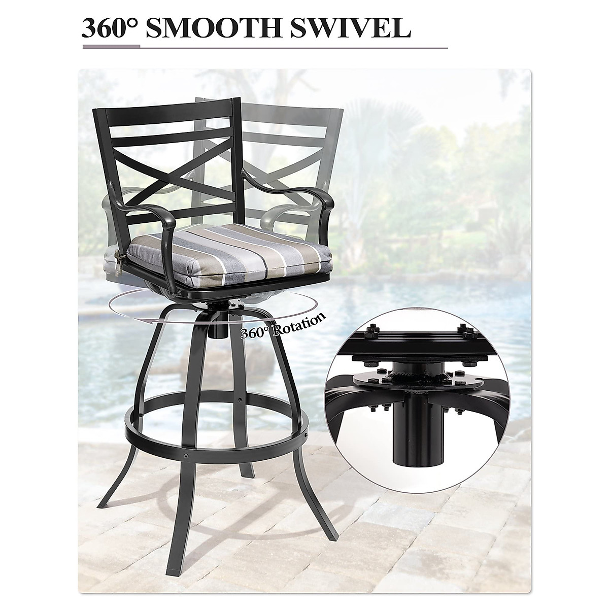 Crestlive Products Outdoor Swivel Bar Stools Set of 4, Patio Cast Aluminum Bar Stools with Sunbrella Cushion, Bar Height Chairs for Lawn, Garden, Backyard, Pool, Milano Char