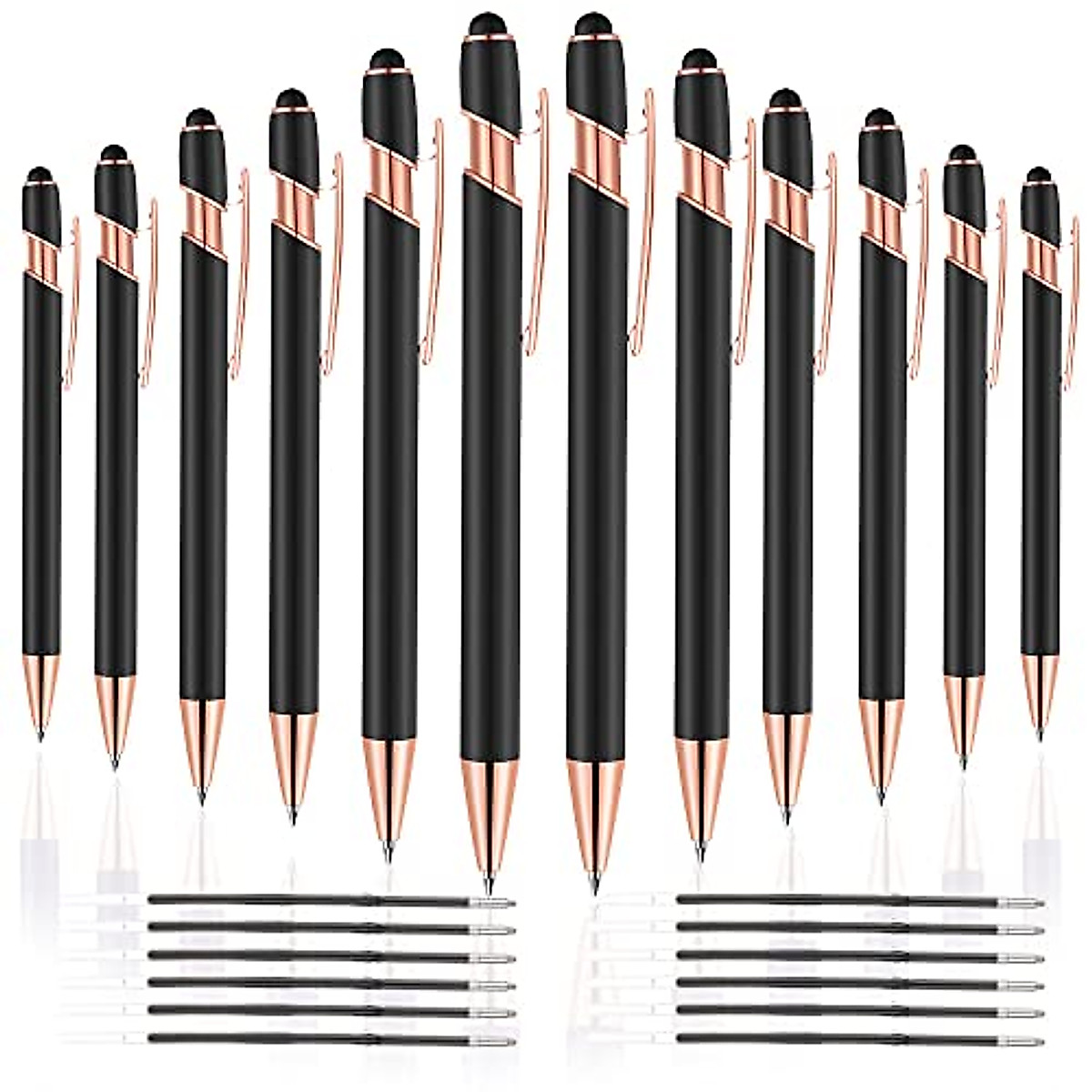 12 PCS 2 in 1 Stylus Ballpoint Pen with Stylus Tip, 1.0 mm Black Ink Metal Pen Stylus Pen for Touch Screens,12 Pens and 12 Refills (Rose Gold & Black)