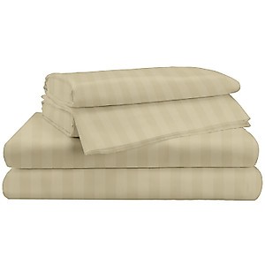 Sunday Home 400 Thread Count 100% Cotton Sheets Damask Stripe Khaki Queen Sheets Set 4 Piece - Ultra Soft Long Staple Sateen Weave Luxury Bed Sheet Set with 16" Deep Pockets - Oeko Tex Certified